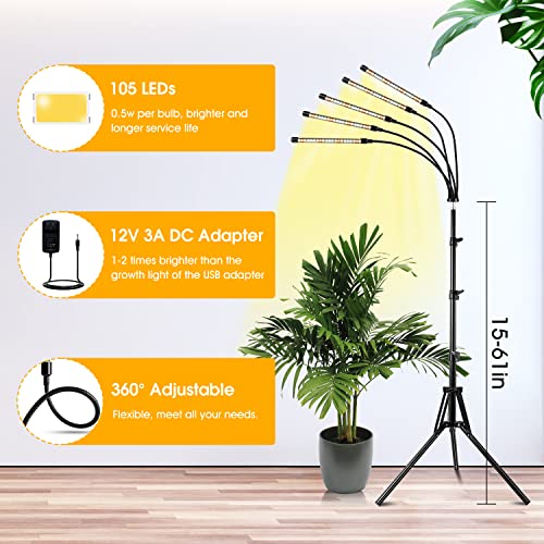 wolezek Grow Light with Stand, [5-Heads] LED Grow Lights for Indoor Plants Full Spectrum, Plant Grow Lamp 3000K 6500K 660nm, 4/8/12H Auto Timer, 12V 3A DC Adapter, Tripod 15-61in