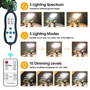 wolezek Grow Light with Stand, [5-Heads] LED Grow Lights for Indoor Plants Full Spectrum, Plant Grow Lamp 3000K 6500K 660nm, 4/8/12H Auto Timer, 12V 3A DC Adapter, Tripod 15-61in