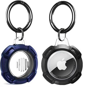 airtag holder with anti-lost keychain, 2 pack airtag case for apple air tag with [anti-scratch] hd protective shell, pc+tpu full protective airtag accessories for keys, backpacks (black+blue)