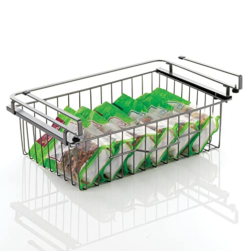 mDesign Large Metal Wire Hanging Pullout Drawer Basket - Sliding Under Shelf Storage Organizer - Attaches to Shelving - Easy Install - 4 Pack - Graphite Gray