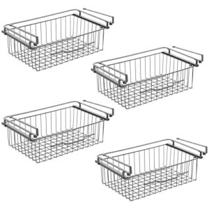 mDesign Large Metal Wire Hanging Pullout Drawer Basket - Sliding Under Shelf Storage Organizer - Attaches to Shelving - Easy Install - 4 Pack - Graphite Gray