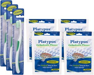 platypus orthodontic flossers and orthodontic toothbrush family bundle - designed for braces -120 dental flossers for braces and 3 toothbrushes for braces