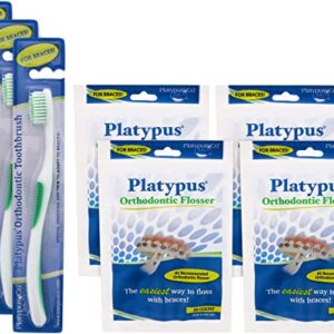 Platypus Orthodontic Flossers and Orthodontic Toothbrush Family Bundle - Designed for Braces -120 Dental Flossers for Braces and 3 Toothbrushes for Braces