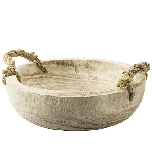 MyGift 9.6 inch Handmade Natural Paulownia Wood Fruit Bowl with Rope Handles, Decorative Round Serving Bowl Tabletop Home Décor