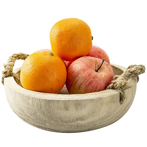 MyGift 9.6 inch Handmade Natural Paulownia Wood Fruit Bowl with Rope Handles, Decorative Round Serving Bowl Tabletop Home Décor