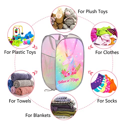 Basumee Kids Laundry Hamper Collapsible Laundry Baskets Pop Up Hamper Mesh Dirty Clothes Laundry Basket Foldable Hampers with Side Pocket for Nursery Room, Rainbow Unicorn