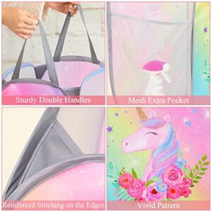 Basumee Kids Laundry Hamper Collapsible Laundry Baskets Pop Up Hamper Mesh Dirty Clothes Laundry Basket Foldable Hampers with Side Pocket for Nursery Room, Rainbow Unicorn