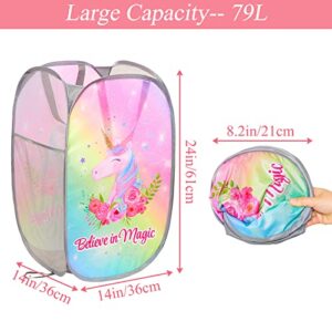 Basumee Kids Laundry Hamper Collapsible Laundry Baskets Pop Up Hamper Mesh Dirty Clothes Laundry Basket Foldable Hampers with Side Pocket for Nursery Room, Rainbow Unicorn