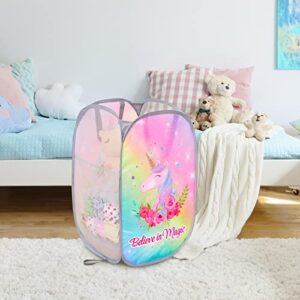 Basumee Kids Laundry Hamper Collapsible Laundry Baskets Pop Up Hamper Mesh Dirty Clothes Laundry Basket Foldable Hampers with Side Pocket for Nursery Room, Rainbow Unicorn