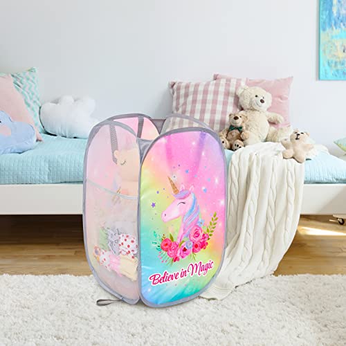 Basumee Kids Laundry Hamper Collapsible Laundry Baskets Pop Up Hamper Mesh Dirty Clothes Laundry Basket Foldable Hampers with Side Pocket for Nursery Room, Rainbow Unicorn