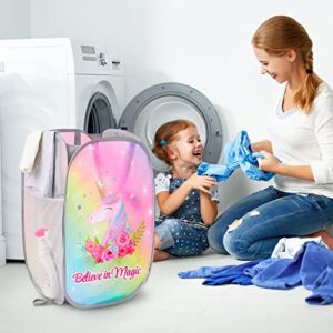 Basumee Kids Laundry Hamper Collapsible Laundry Baskets Pop Up Hamper Mesh Dirty Clothes Laundry Basket Foldable Hampers with Side Pocket for Nursery Room, Rainbow Unicorn