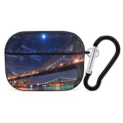 New York Brooklyn Bridge Moon Print Apple AirPods Pro Hard Case Protective Charging Cover with Keychain for Men Women