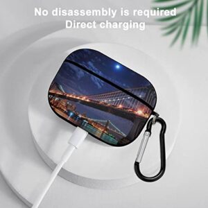 New York Brooklyn Bridge Moon Print Apple AirPods Pro Hard Case Protective Charging Cover with Keychain for Men Women