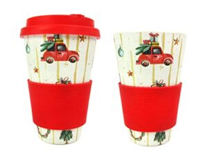 tinymills christmas tree red vintage truck holiday 14oz travel mug - eco-friendly reusable plant fiber travel mug birthday gift stocking stuffer teacher coach gift