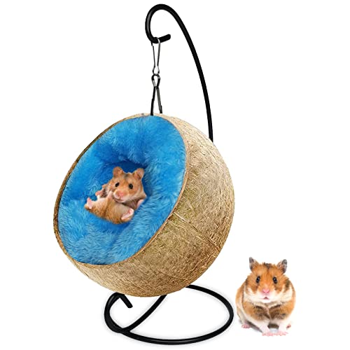 Fhiny Coconut Hamster Hideout Hammock, Natural Raw Coco Husk Bed House with Warm Pad Small Animal Habitat Decor Hanging Coconut Shell Cage Accessories for Dwarf Hamster Gerbil Sugar Glider Mice