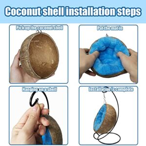 Fhiny Coconut Hamster Hideout Hammock, Natural Raw Coco Husk Bed House with Warm Pad Small Animal Habitat Decor Hanging Coconut Shell Cage Accessories for Dwarf Hamster Gerbil Sugar Glider Mice