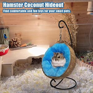 Fhiny Coconut Hamster Hideout Hammock, Natural Raw Coco Husk Bed House with Warm Pad Small Animal Habitat Decor Hanging Coconut Shell Cage Accessories for Dwarf Hamster Gerbil Sugar Glider Mice