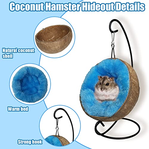 Fhiny Coconut Hamster Hideout Hammock, Natural Raw Coco Husk Bed House with Warm Pad Small Animal Habitat Decor Hanging Coconut Shell Cage Accessories for Dwarf Hamster Gerbil Sugar Glider Mice