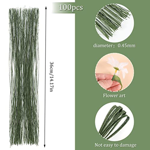 Floral Wire 26 Gauge, 100 Pcs Green Florist Flower Wire Stems Floral Wire for Crafts Bouquet Stem Wrapping Wreath Making Supplies Flower Arrangement Supplies (14 Inch)