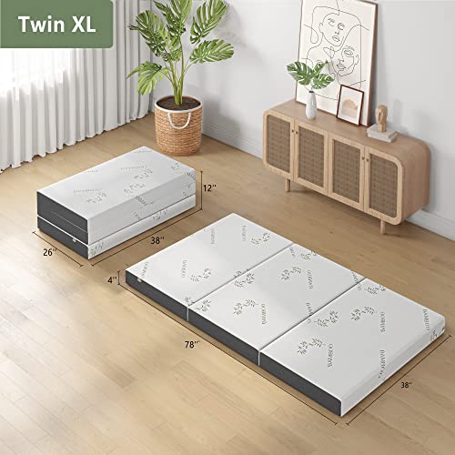 Folding Mattress Twin XL, TEQSLI Tri-Fold Gel Memory Foam Mattress Topper 4 Inch, Portable Mattress with Washable Bamboo Cover, Non-Slip Bottom, Breathable Mesh Sides for Traveling, Camping, Guest Bed