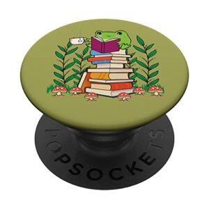 cottagecore aesthetic kawaii frog reading book bookworm popsockets standard popgrip