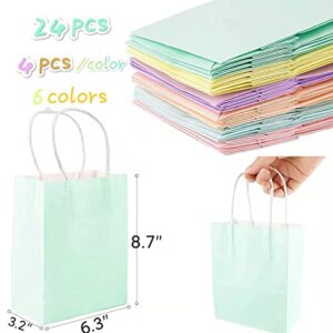 24Pcs Birthday Gift Bags Multicolor Pastel Portable Bags Party Treat Paper Kraft Favor Sweet 8.7x6.3x3.2inches Candy Gift with Handles for Party Wedding Celebrations (Small)