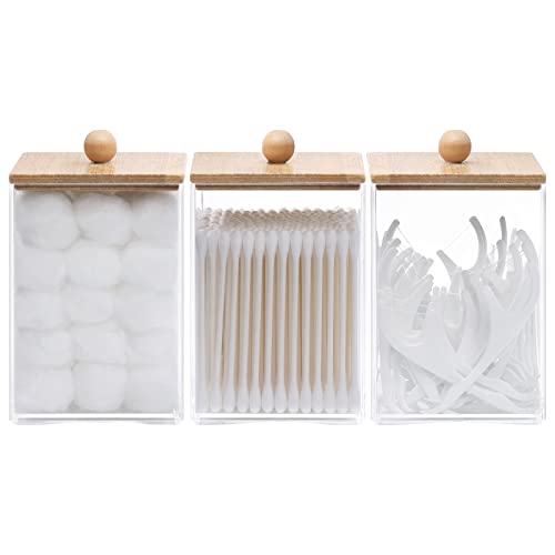 Tbestmax 3 Pack Square Qtip Holder - 12 oz Bathroom Organizers and Storage Containers, Plastic Apothecary Jars with Bamboo Lids for Cotton Ball, Cotton Swab, Floss