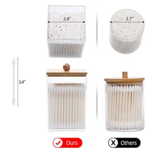 Tbestmax 3 Pack Square Qtip Holder - 12 oz Bathroom Organizers and Storage Containers, Plastic Apothecary Jars with Bamboo Lids for Cotton Ball, Cotton Swab, Floss