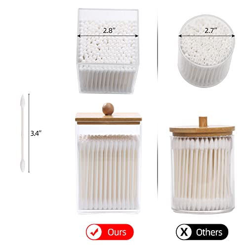 Tbestmax 3 Pack Square Qtip Holder - 12 oz Bathroom Organizers and Storage Containers, Plastic Apothecary Jars with Bamboo Lids for Cotton Ball, Cotton Swab, Floss