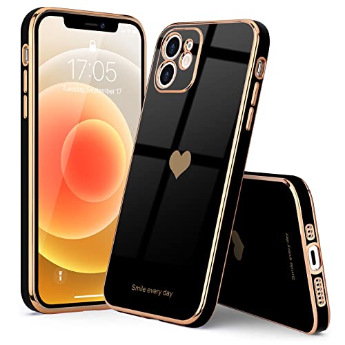 Teageo Compatible with iPhone 12 Case for Women Girl Cute Love-Heart Luxury Bling Plating Soft Back Cover Raised Full Camera Protection Bumper Silicone Shockproof Phone Case for iPhone 12, Black