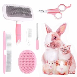 crafterlife small animal pet grooming kit with pet shedding slicker brush, bath massage glove, pet grooming comb, nail clipper trimmer for rabbit, puppy, kitten, guinea pig, hamster, ferret (pink)