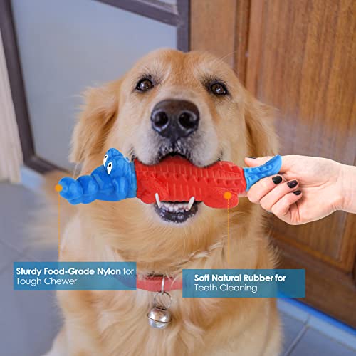 petizer Dog Toys for Aggressive Chewers, Non Squeak Dog Chew Toys, Indestructible Dog Toys, Dog Teething Toys Made with Nylon and Rubber for Small/Medium/Large Dogs, Red and Blue Alligator