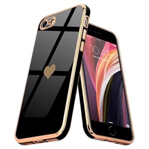 teageo for iphone se 2022, se 2020, iphone 7 case, iphone 8 case phone case for women girl cute love-heart luxury bling plating soft back cover camera protection bumper silicone shockproof case, black