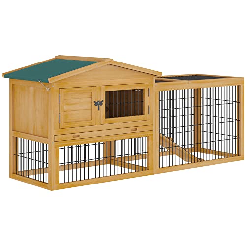 PawHut 2 Levels Outdoor Rabbit Hutch with Openable Top, 59" Wooden Large Rabbit Cage with Run Weatherproof Roof, Removable Tray, Ramp, Yellow