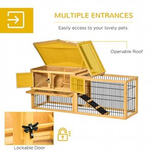 PawHut 2 Levels Outdoor Rabbit Hutch with Openable Top, 59" Wooden Large Rabbit Cage with Run Weatherproof Roof, Removable Tray, Ramp, Yellow