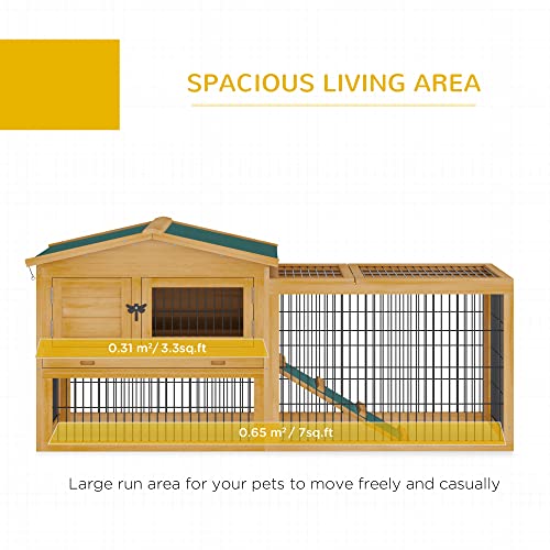 PawHut 2 Levels Outdoor Rabbit Hutch with Openable Top, 59" Wooden Large Rabbit Cage with Run Weatherproof Roof, Removable Tray, Ramp, Yellow