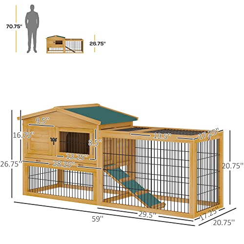 PawHut 2 Levels Outdoor Rabbit Hutch with Openable Top, 59" Wooden Large Rabbit Cage with Run Weatherproof Roof, Removable Tray, Ramp, Yellow