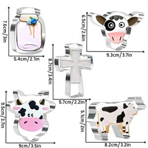 Crethinkaty Cow Cookie Cutter Set - 5 Pieces Stainless Steel Cookie Cutters Milk Bottle,Cow,Longhorn,Cow Head and Holy Cross for Biscuit, Fondant