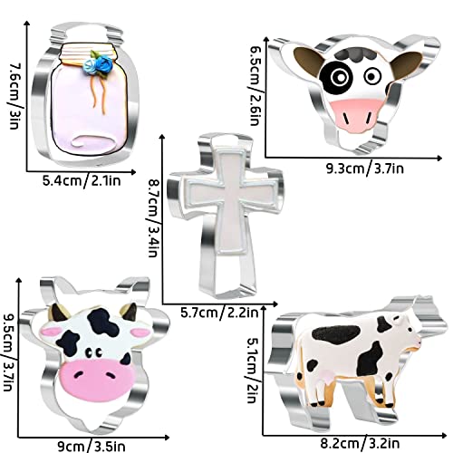 Crethinkaty Cow Cookie Cutter Set - 5 Pieces Stainless Steel Cookie Cutters Milk Bottle,Cow,Longhorn,Cow Head and Holy Cross for Biscuit, Fondant