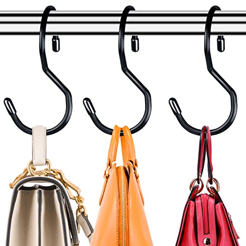 12 Pack Purse Hangers for Closet,Unique Twisted Purse Hooks,Black Closet Rod S Hooks for Hanging Bags,Jeans,Purses,Bag Hooks with Rubber Stopper