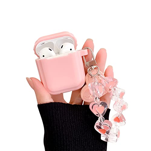 Ownest Compatible with AirPods Case Soft Silicone Protective Shockproof Skin with Love Heart Keychain Cute Case for Airpods Case 2&1-Pink