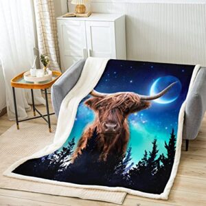 highland cow fleece blanket 50"x60",glitter stars moon pineforest bed blanket brown longhorn bull cattle throw blanket western animals blanket natural scenery art soft warm cozy sofa decor