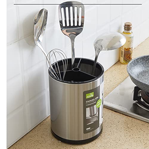 Wotermly Extra Large Kitchen Utensil Crocks, Stainless Steel Round Utensil Holder with Removable Divider for Easy Clean, Rotating Utensil Caddy Organizer with Weighted Base for No Tipping Over Crock with Detachable Top and Base Accessories