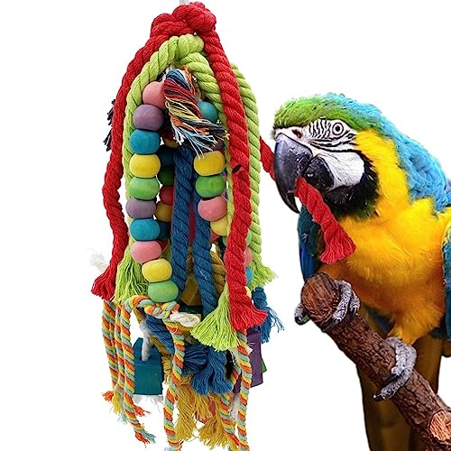 GILYGI 20.5 inch Parrot Chewing Toys - Parrot Cage Toys Wooden Block Tearing and Cotton Rope Toys for Small Medium and Large Parrot Conures Cockatiels African Grey Amazon and Macaw Parrots