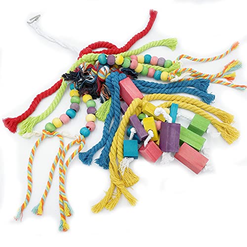 GILYGI 20.5 inch Parrot Chewing Toys - Parrot Cage Toys Wooden Block Tearing and Cotton Rope Toys for Small Medium and Large Parrot Conures Cockatiels African Grey Amazon and Macaw Parrots