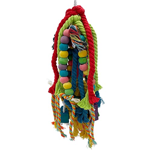 GILYGI 20.5 inch Parrot Chewing Toys - Parrot Cage Toys Wooden Block Tearing and Cotton Rope Toys for Small Medium and Large Parrot Conures Cockatiels African Grey Amazon and Macaw Parrots