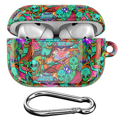 Hard Case Compatible with AirPods Pro 2 | AirPods Pro | AirPods 3 gen 2 1 Plastic Green Aliens Meditation Earpods Hook Trippy Psychedelic Cover with Keychain Portable UFO Shockproof Protective Design