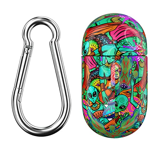 Hard Case Compatible with AirPods Pro 2 | AirPods Pro | AirPods 3 gen 2 1 Plastic Green Aliens Meditation Earpods Hook Trippy Psychedelic Cover with Keychain Portable UFO Shockproof Protective Design