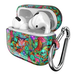 Hard Case Compatible with AirPods Pro 2 | AirPods Pro | AirPods 3 gen 2 1 Plastic Green Aliens Meditation Earpods Hook Trippy Psychedelic Cover with Keychain Portable UFO Shockproof Protective Design