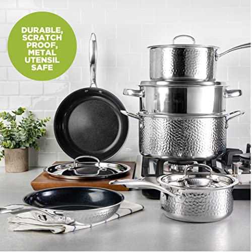 Granitestone Hammered Stainless Steel Pots and Pans Set, Tri Ply Ultra-Premium Ceramic Cookware Set with Nonstick Coating, Kitchen Set Nonstick Frying Pans, Stock Pots & Skillets, Hammered Finish